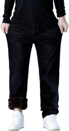 Generic Jean pour homme, coupe droite, doublure en polaire, pantalon en denim extensible, pantalon baggy vintage uni avec poches, jambe large, coupe ample, pa
