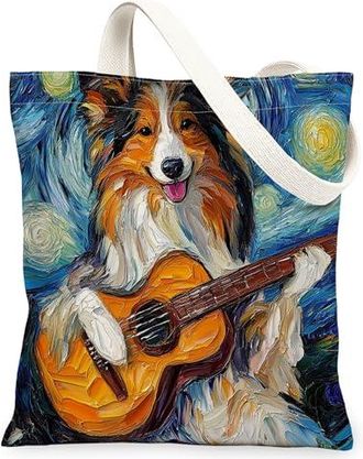 Generic Rough Collie Sac fourre-tout en toile r&eacute;utilisable pour faire du shopping 33 x 38,1 cm, motif guitare &eacute;toil&eacute;e, sac d&eacute;picerie r&eacute;utilisable pour femme, 