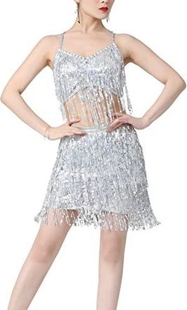 Feoya Femme Robe Flapper Dance du Ventre Jupe Haute Soirée Cocktail Scène Costume de Pratique Argenté XL