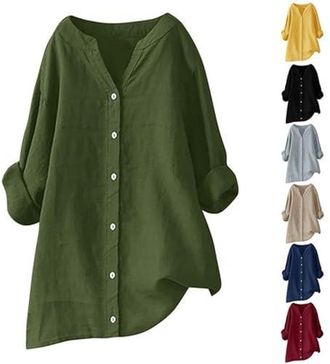 Generic Chemisier long en lin pour femme - Chemisier surdimensionn&eacute; en coton et lin - &Eacute;l&eacute;gant - Grande taille - Chemisier long boutonn&eacute; - Haut en lin - Couleu