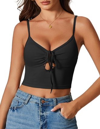 Avidlove Damen Tank Top Sexy Camisole Bustier Y2k Crop-Top Einstellbar Spaghettitr&auml;ger Oberteil Binden Tr&auml;gertop V-Ausschnitt Unterhemd Bauchfrei VestSchwarzXS