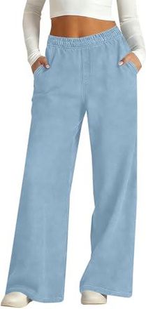 Generic Jean large de couleur unie pour femme - Taille haute &eacute;lastique - Pantalon d&eacute;contract&eacute; en jean ample avec poches pour les trajets quotidiens, bleu clai
