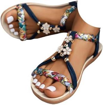 Generic Sandales boh&egrave;me pour femme 2026 - Chaussures plates d&eacute;t&eacute; habill&eacute;es avec sangle de cheville &eacute;lastique - Chaussures de plage antid&eacute;rapantes - Confortabl