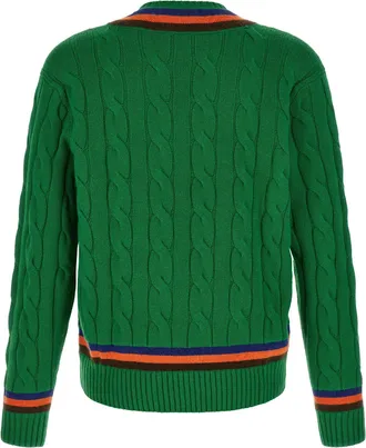 Polo Ralph Lauren Cable-Knit V-Neck with Striped Trim Sweater - Green