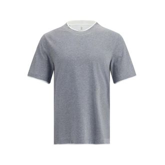 Brunello Cucinelli Homme, Tops, Gris, Taille: S T-shirt en coton à double couche