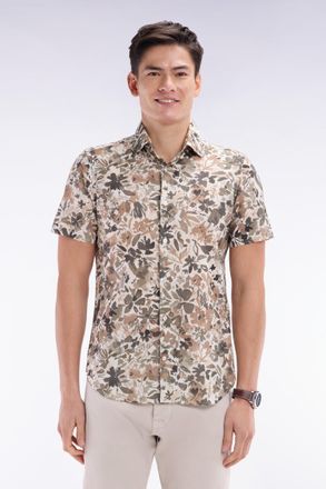 Eden Park Chemise &Agrave; Manches Courtes En Coton Imprim&eacute; Floral Kaki Coupe Ajust&eacute;e