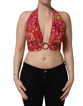 Dolce & Gabbana Womens Red Paisley Silk Halter Neck Crop Tank Top Elastane