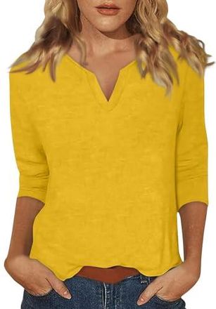Generic T-shirts dété pour femme - Manches 3/4 - Col en V - Tunique - Chemisier à manches trois-quarts - Élégant - Décontracté - Couleur unie - Chemisiers et 