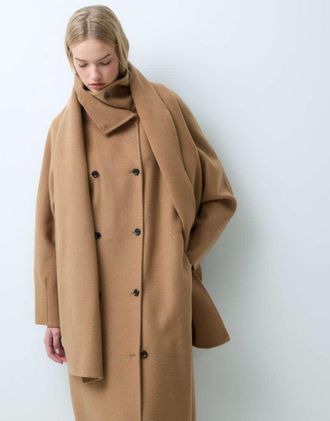 Mango manteau long ajust&eacute; en m&eacute;lange de laine avec d&eacute;tail &eacute;charpe beige-Neutre