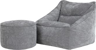 Icon Brand Natalia Sitzsack Sessel mit Hocker für Erwachsene, Grau, Flauschiger Chenille-Stoff, Riesen Sitzsack mit Füllung, Bean Bag Chair, Bequemer Sessel Wohn