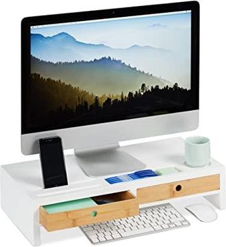 Relaxdays Monitorst&auml;nder, 2 Schubladen, PC Erh&ouml;hung f&uuml;r Schreibtisch, Bambus & MDF, HBT: 12 x 55,5 x 27 cm, wei&szlig;/Natur, Bambus + MDF L