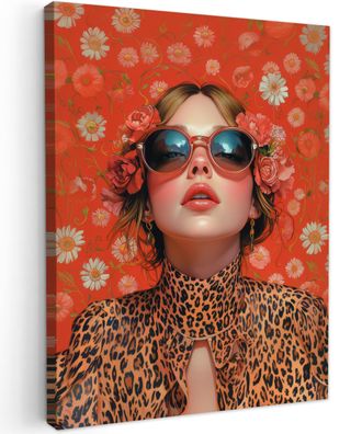 MuchoWow &copy; Leinwand Bilder 50x70 cm Wanddeko Wohnzimmer Aesthetic Room Decor Deko Zimmer Wandbilder Modern Bild auf Leinwand Frau - Farbenfroh - Tierprint - Bl
