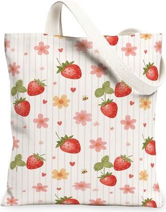 Generic Sacs fourre-tout en toile &agrave; motif de fraises florales, sacs d&eacute;picerie l&eacute;gers et r&eacute;utilisables, vintage chic et lavable en toile &agrave; bandouli&egrave;re pour mag