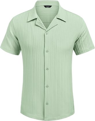 Coofandy Herren Kurzarm Hemd Sommerhemd Kubanischer Kragen Männer Hawaii Hemden Freizeithemd Textured Shirt Ice Grün M