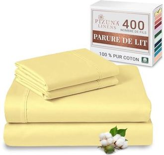 Pizuna Coton Peign&eacute; Parure de Lit 140x200 cm Jaune Doux, 100% Coton Longue dur&eacute;e 400 Fils de Satin Comprend 1 Drap Housse, 1 Drap Plat, 2 Taie doreiller (Cot