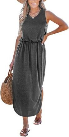 Cupshe Robe dété longue sans manches pour femme, col rond, taille cintrée, fente latérale, tunique trapèze, robe décontractée, gris foncé, XL