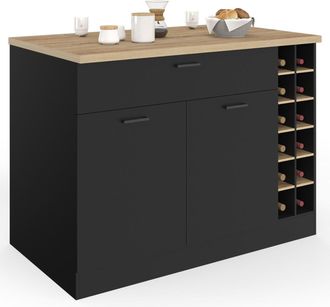 IDMarket Insel Central George mit Flaschenregal, Schrank und Schublade, Holz, schwarz, mit Arbeitsplatte in Buche-Optik