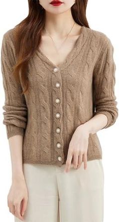 Generic Y2k Cardigan dhiver en laine m&eacute;rinos pour femme avec col en V et tricot doux, camel, Taille XS