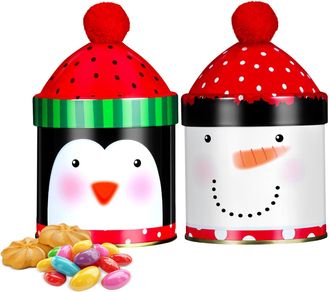 Healifty 2 Weihnachtspl&auml;tzchendosen Aus Metall Mit Dekorativem Pinguin-Schneemann-Design Und S&uuml;&szlig;em Roten Bommeldeckel Leere Aufbewahrungsboxen Aus Wei&szlig;blech F&uuml;