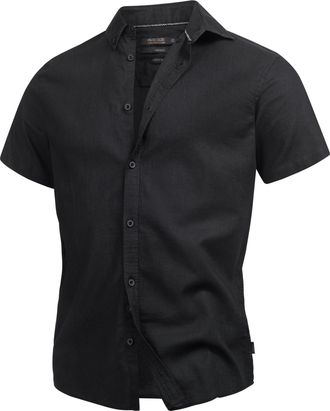 Indicode Herren INBravida Leinenhemd Kurzarm-Hemd mit Button-Down-Kragen | Herrenhemd Sommerhemd für Männer Black, XXL
