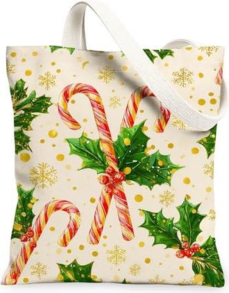 Generic Sacs fourre-tout en toile pour les vacances, motif canne &agrave; sucre dorge et houx, sacs de courses r&eacute;utilisables, joyeux saisonniers, l&eacute;gers, lavables S,