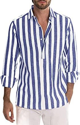 Generic Chemise &agrave; manches longues pour homme - D&eacute;contract&eacute;e - Ray&eacute;e - Boucle en lin, bleu, L