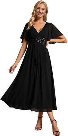 Ever-pretty Robe de Soirée Femme Taille Empire Manches Courtes Plissé Col V Chic Casual Noir 50