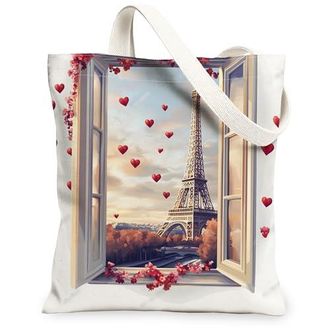 Generic Sacs fourre-tout romantiques en toile avec motif de coeur vintage, motif parisien, sacs d&eacute;picerie r&eacute;utilisables, l&eacute;gers et lavables pour voyage, shopp