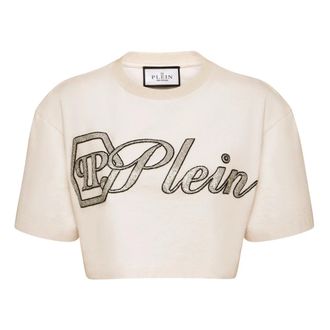 Philipp Plein Cropped T-Shirt Crystal Signature - - Tops - Damen - Beige - XL