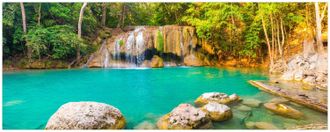 Wallario Glasbild Paradiesischer Wasserfall - 50 x 125 cm Wandbilder Glas in Premium-Qualit&auml;t: Brillante Farben, freischwebende Optik