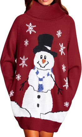 Pink Queen Damen Übergroßes Langes Pulloverkleid Rollkragen Taschen Minikleid Weihnachtskleider Strick Pullover Rubin XL