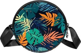 Generic Sac &agrave; bandouli&egrave;re rond pour femme, motif feuilles tropicales, sac &agrave; dos &agrave; bandouli&egrave;re avec fermeture &eacute;clair, bretelles r&eacute;glables, sac &agrave; main rond d&eacute;co