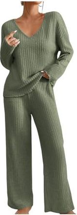 TOMWELL Pyjama Femme Col en V Manches Longues Ensemble 2 Pi&egrave;ces Loungewear Haut et Pantalon &agrave; Taille &Eacute;lastique A Arm&eacute;e Verte XL