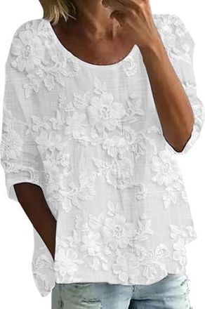 Generic Chemisier pour femme - Manches 3/4 - Col rond - Coupe ample - L&eacute;ger et a&eacute;r&eacute; - Grandes tailles - Couleur unie - &Eacute;l&eacute;gant - 2026, Blanc., 5XL