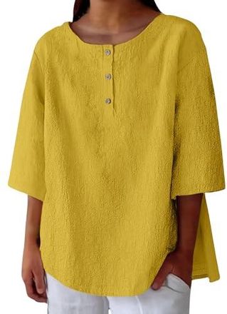 Generic HUIFUAO - Haut en Lin &agrave; Manches 3/4 pour Femme, Grande Taille, Chemisiers et Chemises d&eacute;t&eacute;, Confortables, Respirants, l&eacute;gers, col en V, Tunique bouton