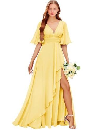 Generic Robe de demoiselle dhonneur en mousseline de soie à manches courtes et col en V pour femme - Robe de soirée formelle longue - Robe de demoiselle dhonn