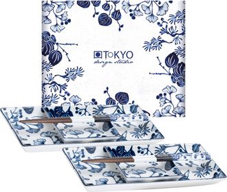 Tokyo Design Studio Flora Japonica Sushi-Set blau-wei&szlig;, 6-TLG., 2X Sushi-Platten, 2X Saucenschalen, 2X Essst&auml;bchen, asiatisches Porzellan, Japanisches Design, inkl. Gesch