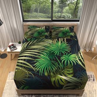 Generic Drap Housse 140x190 Motif Feuilles de Palmiers tropicaux Housse de Matelas, Enfants Protection de Matelas 30cm, Vert Drap de lit, Doux Drap Housse Set