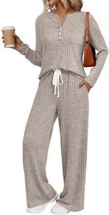 TOMWELL Pyjama Femme Hiver Ensemble Chic et Elegant Manches Longue Shirt et Pantalon &agrave; Jambes Larges A Kaki M
