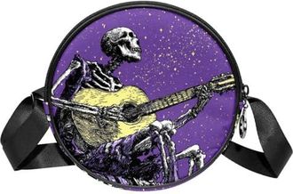 Generic Petit sac &agrave; bandouli&egrave;re circulaire pour femme, motif t&ecirc;te de mort, guitariste, sac &agrave; dos &agrave; bandouli&egrave;re avec fermeture &eacute;clair, bretelles r&eacute;glables, sac
