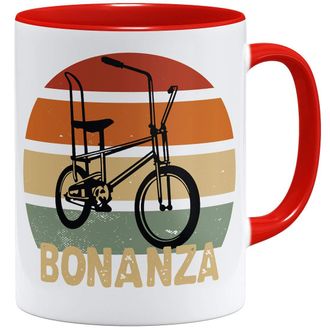 OM3 Bonanza Fahrrad Kaffee-Tasse mit Fahrradmotiv -V - Keramik Becher - 11oz 325ml - Beidseitig Bedruckt - Rot
