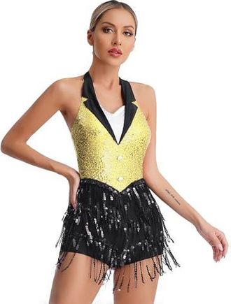 dPois Justaucorps Danse Latine Femme Dos Nu Body Gymnastique Brillants Paillettes Tenue Danse Moderne Jazz Combinaison Patinage Costume Spectacle Jaune M