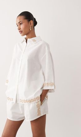 SNDYS Short densemble en lin et coton avec taille haute et appliqu&eacute;s fleuris - Blanc