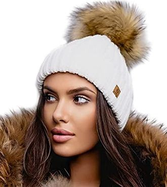 4sold Rita Bonnet à pompon en tricot pour femme Style hiver - Beige - Taille Unique