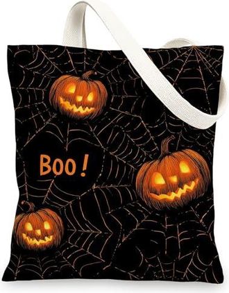 Generic Sacs fourre-tout en toile de citrouille dHalloween, motif toile daraignée effrayante, sacs dépicerie réutilisables, légers et lavables avec bandoulièr