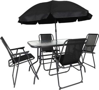 Altobuy Altobuy - gardel - Salon de Jardin Noir Table M&eacute;tal et Verre tremp&eacute; et 4 Fauteuils en Toile