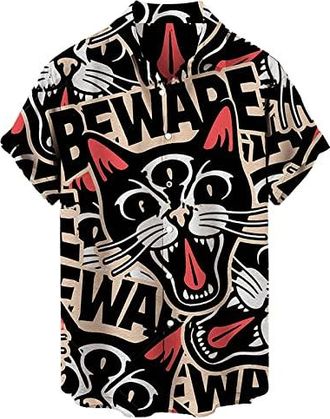 Generic Chemise &agrave; manches courtes pour homme - Motif chat - T-shirt de loisirs - Chemise hawa&iuml;enne - Chemise de plage - T-shirt &agrave; manches courtes avec bouton,