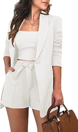 Onsoyours Ensemble Femme Blazer Tailleur+Top+Short de Bureau 3 Pièces Veste de Costume Manteau Blouson Casual pour Affaires Soiree Formel Bureau Travail Blanc X