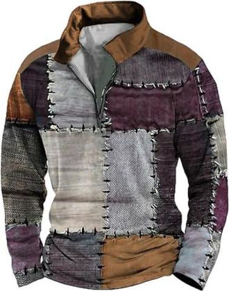 Generic Sweats pour homme sans capuche, demi-fermeture &eacute;clair, sweatshirts &agrave; capuche r&eacute;tro ethniques imprim&eacute;s, patchwork &agrave; manches longues, sweatshirts de spo