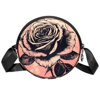 Generic Sac &agrave; bandouli&egrave;re Circle pour femme, petit sac &agrave; bandouli&egrave;re rose noire avec fermeture &eacute;clair, bretelles r&eacute;glables, sac &agrave; main rond d&eacute;contract&eacute; pour f